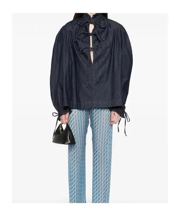 Dries Van Noten Denim Tie-neck Ruffled Shirt