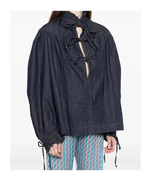 Dries Van Noten Denim Tie-neck Ruffled Shirt