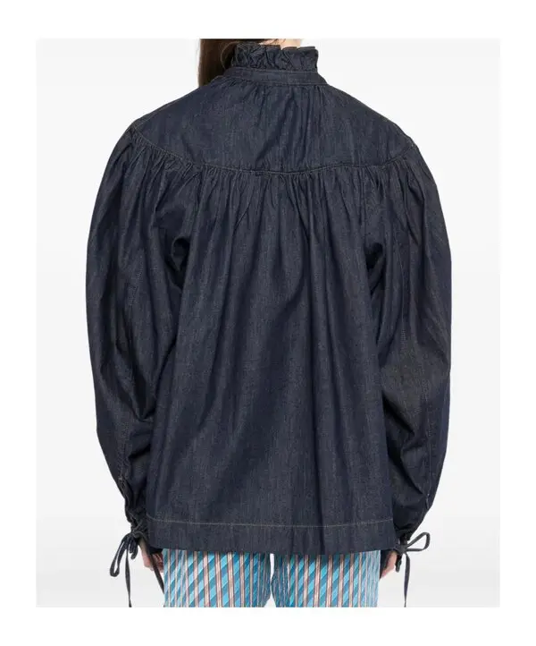 Dries Van Noten Denim Tie-neck Ruffled Shirt
