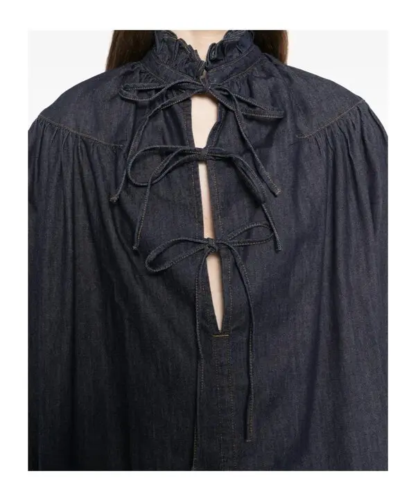 Dries Van Noten Denim Tie-neck Ruffled Shirt