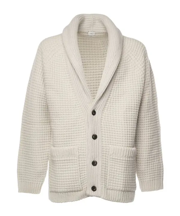 Eleventy Buttoned V-neck Knitwear With Shawl Collar And Pockets - White