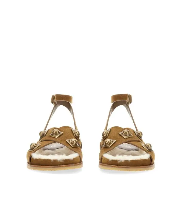 Etro Crown Me Sandals With Studs And Shearling - Brown