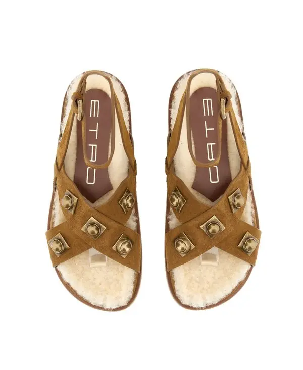 Etro Crown Me Sandals With Studs And Shearling - Brown