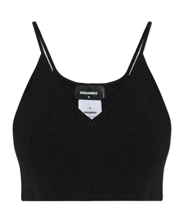 Dsquared2 Logo Plaque V-neck Ribbed Cropped Top - Black