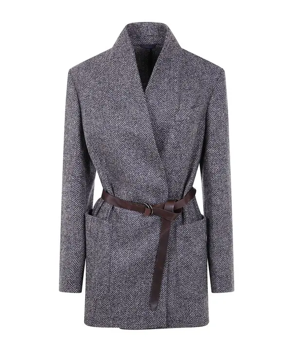 Brunello Cucinelli Herringbone Patterned Belted Jacket