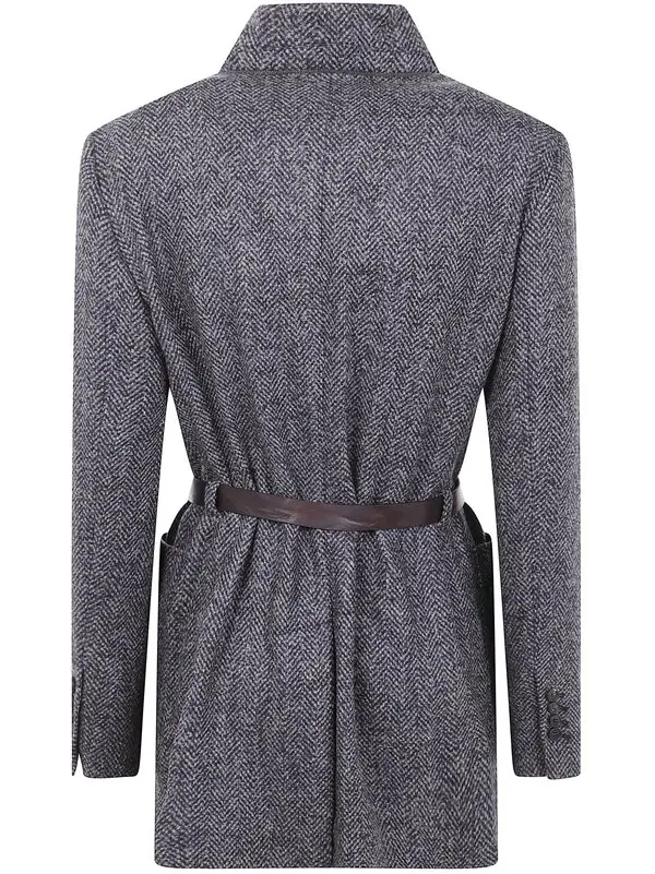 Brunello Cucinelli Herringbone Patterned Belted Jacket