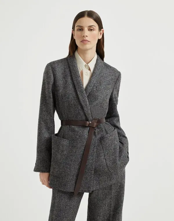 Brunello Cucinelli Herringbone Patterned Belted Jacket