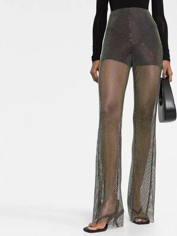 ROTATE BY BIRGER CHRISTENSEN Mesh Wide-leg Pants With Crystal Embellishments