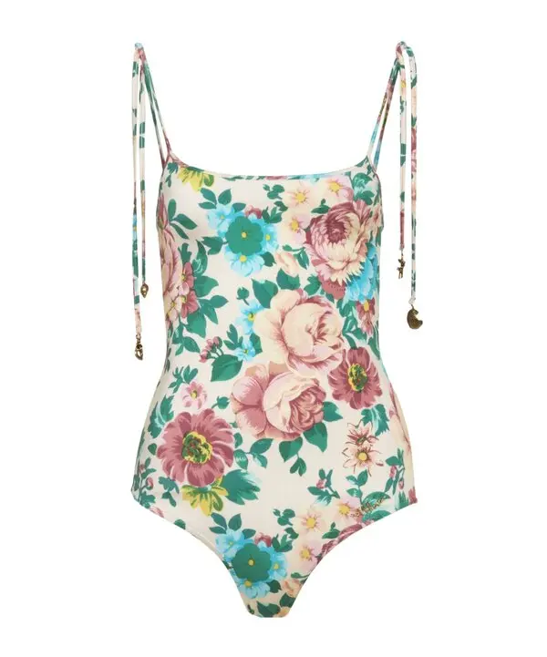 Chloé Floral Printed One-piece Swimsuit With Knotted Straps - Pearl Beige