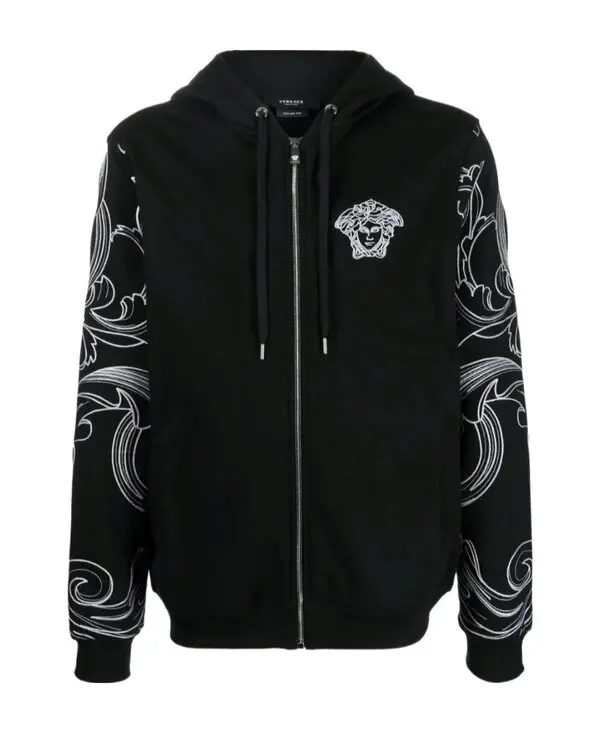 Versace Barocco Logo Embroidered Zip-up Hooded Jacket