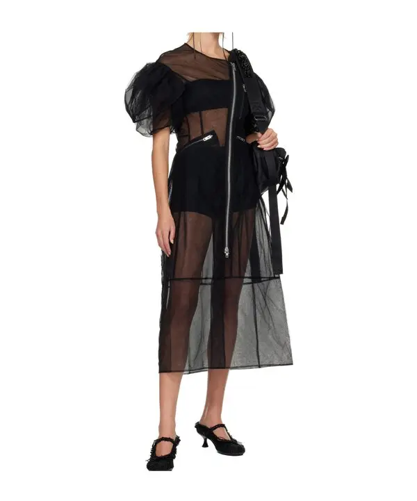 Simone Rocha Sheer Tulle Puff Sleeve Midi Dress