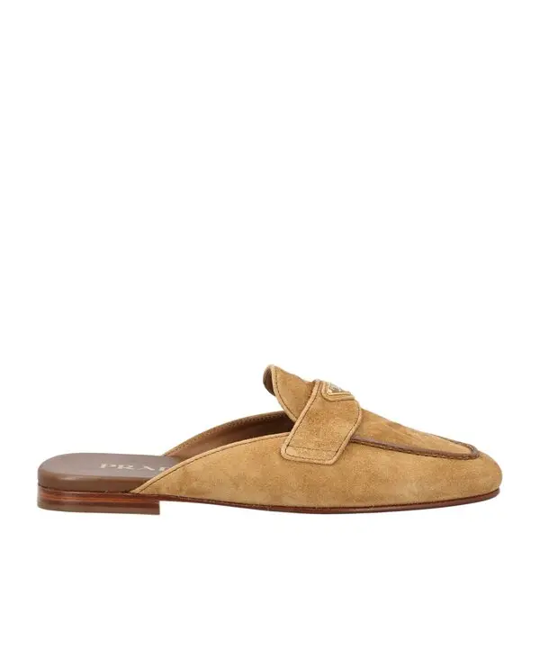 Prada Logo Plaque Almond Toe Mules - Cinnamon