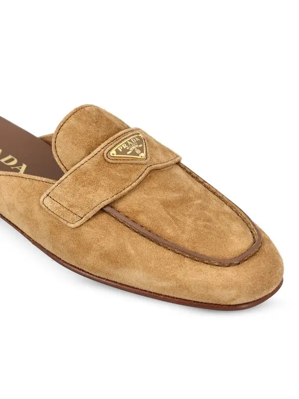 Prada Logo Plaque Almond Toe Mules - Cinnamon