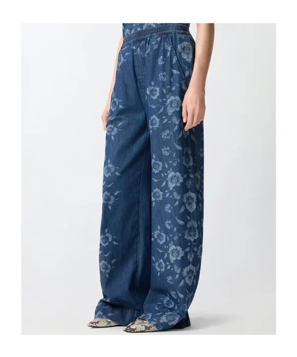 Pinko Floral Print Wide-leg Denim Jeans - Dark Blue