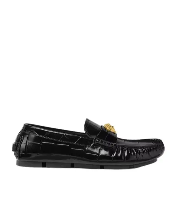 Versace Medusa Embossed Leather Drivers Loafers - Black/gold