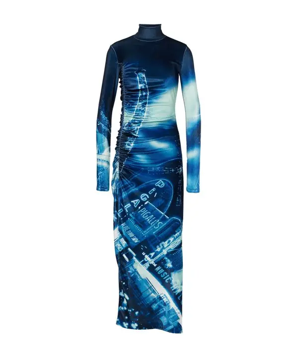 JEAN PAUL GAULTIER Printed Gathered Velvet Maxi Dress - Blue