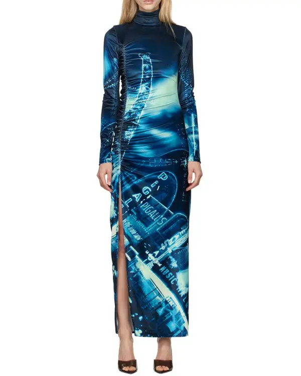JEAN PAUL GAULTIER Printed Gathered Velvet Maxi Dress - Blue