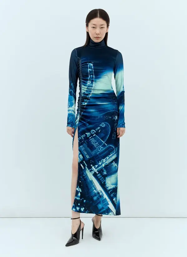 JEAN PAUL GAULTIER Printed Gathered Velvet Maxi Dress - Blue