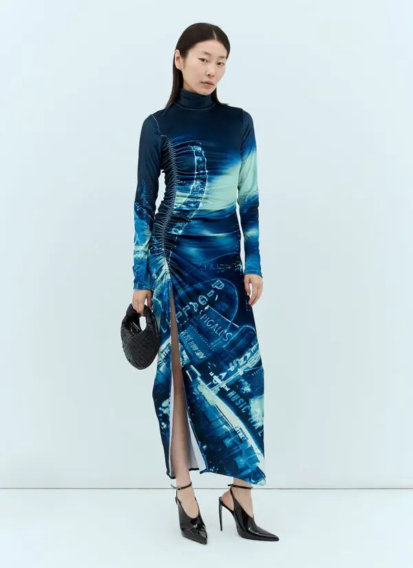JEAN PAUL GAULTIER Printed Gathered Velvet Maxi Dress - Blue