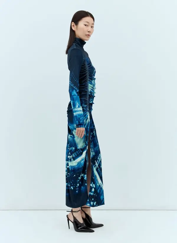 JEAN PAUL GAULTIER Printed Gathered Velvet Maxi Dress - Blue