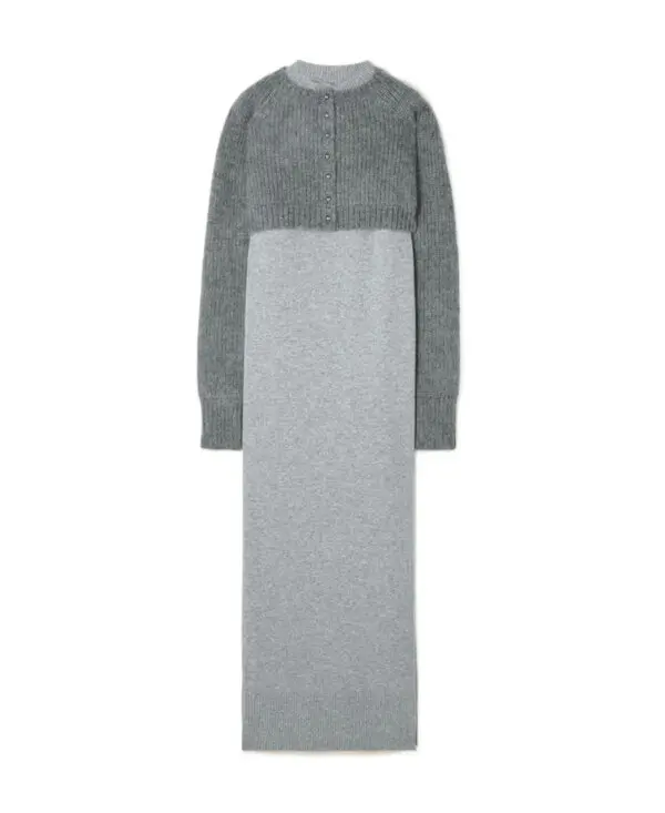 Sacai Layered Ribbed Maxi Dress With Faux Pearl Buttons