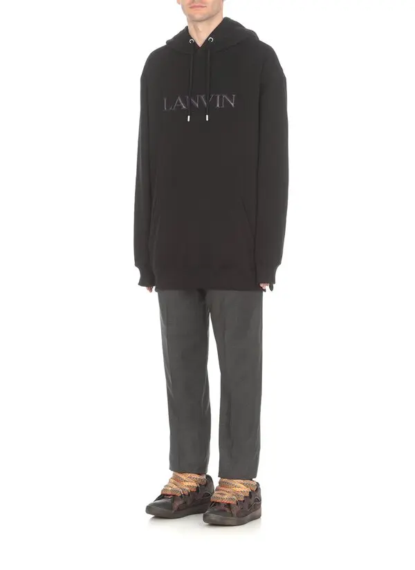 LANVIN Logo Embroidered Drawstring Hoodie - Black