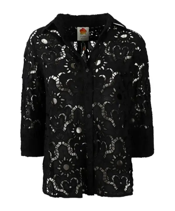 Farm Rio Lace Long Sleeve Shirt With Lapel Collar