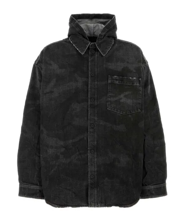 Balenciaga Hooded Denim Shirt Jacket With Distressed Wash