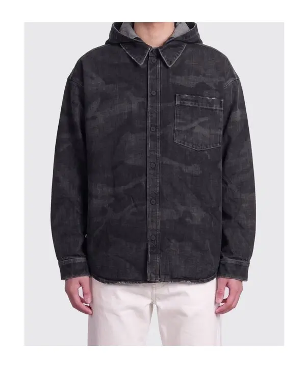 Balenciaga Hooded Denim Shirt Jacket With Distressed Wash
