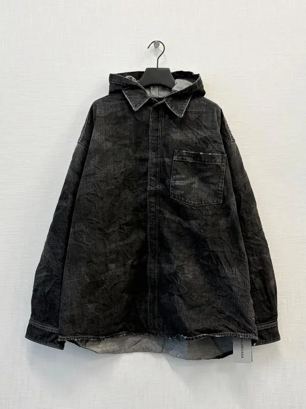 Balenciaga Hooded Denim Shirt Jacket With Distressed Wash
