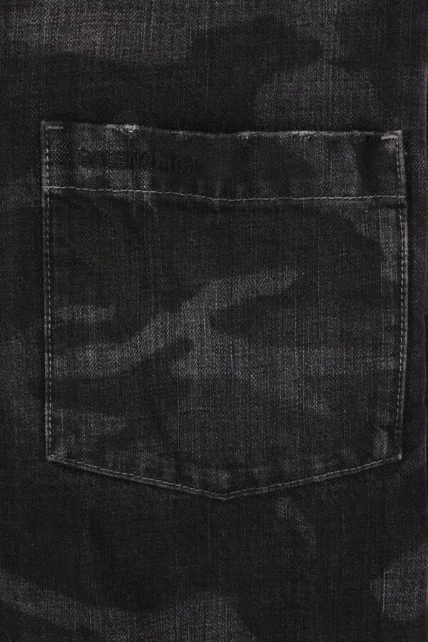 Balenciaga Hooded Denim Shirt Jacket With Distressed Wash - Black