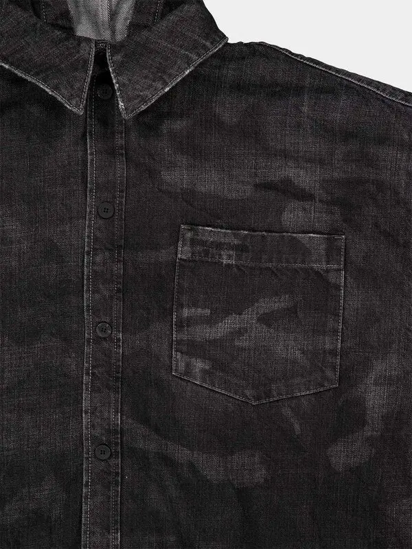 Balenciaga Hooded Denim Shirt Jacket With Distressed Wash - Black