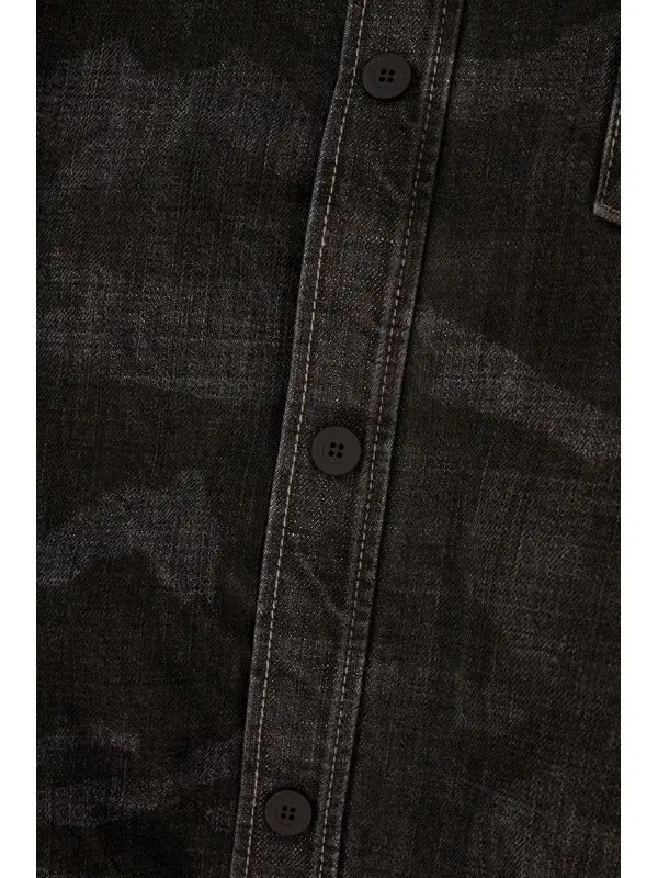 Balenciaga Hooded Denim Shirt Jacket With Distressed Wash - Black
