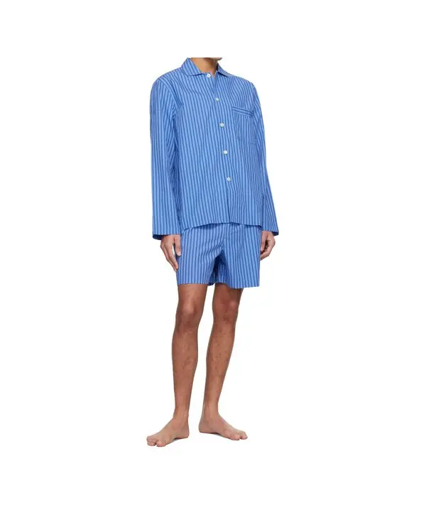 TEKLA Striped Drawstring Pajama Shorts - Blue