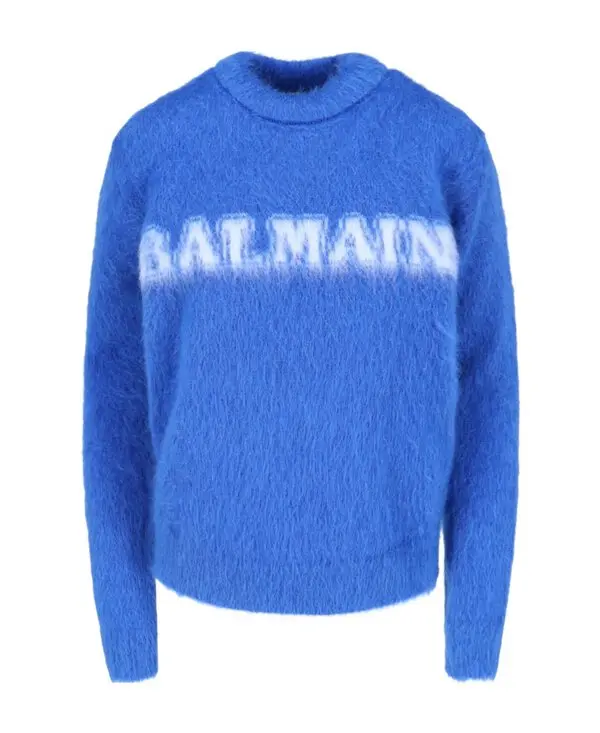 Balmain Logo Jacquard Crewneck Knitted Jumper - Blue