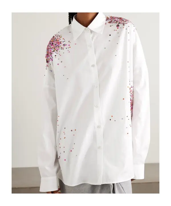 Dries Van Noten Oversized Embellished Cotton Oxford Shirt - White