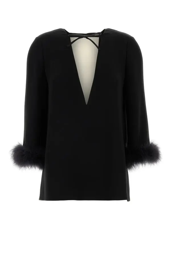 Valentino Garavani Feather-trim Bow Detailed Top - Black