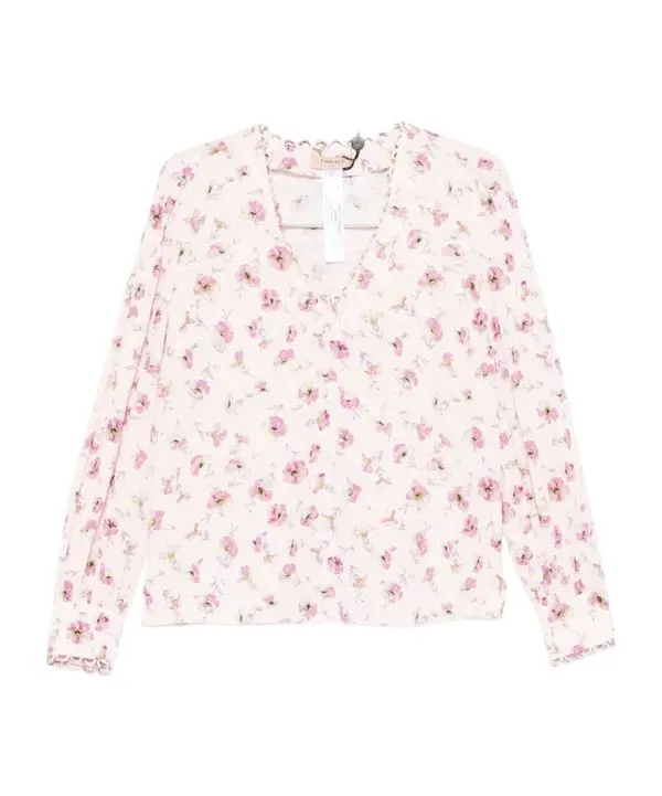 TWINSET Floral V-neck Long Sleeve Blouse - White