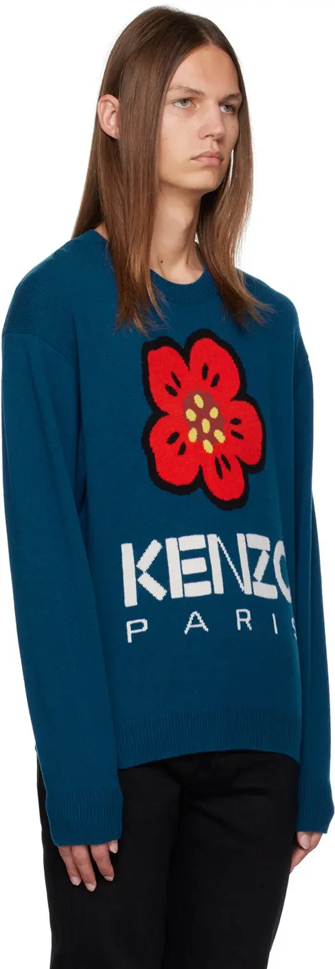 Kenzo Boke Flower Intarsia Knit Crewneck Jumper - Blue