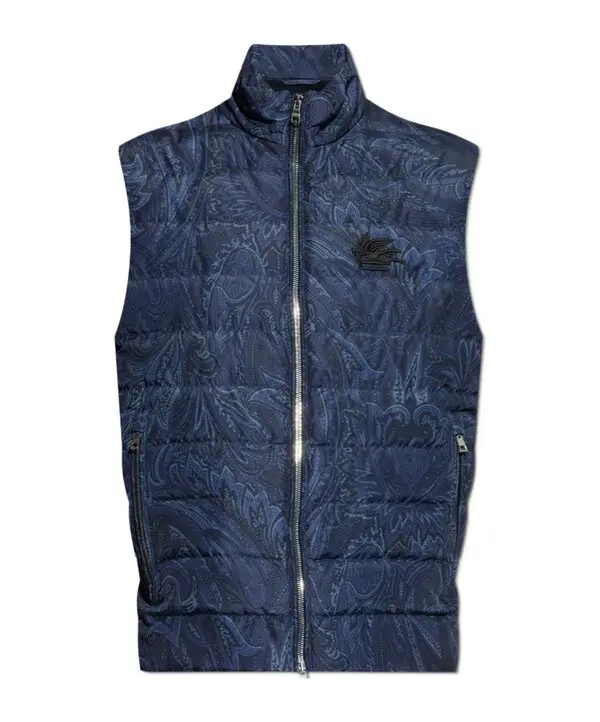 Etro Paisley Print Quilted Vest With Stand Collar - Blue
