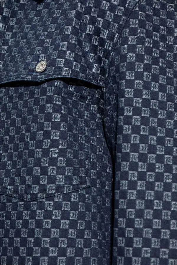 Balmain Monogram Jacquard Curved Hem Denim Shirt