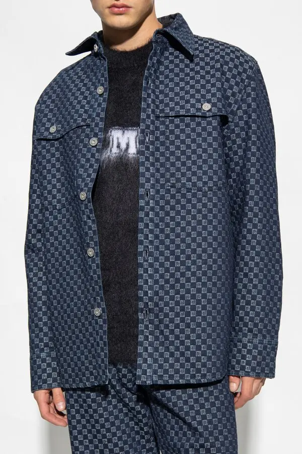 Balmain Monogram Jacquard Curved Hem Denim Shirt