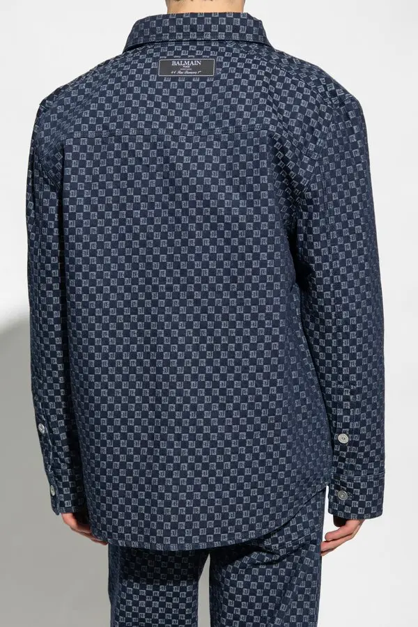 Balmain Monogram Jacquard Curved Hem Denim Shirt