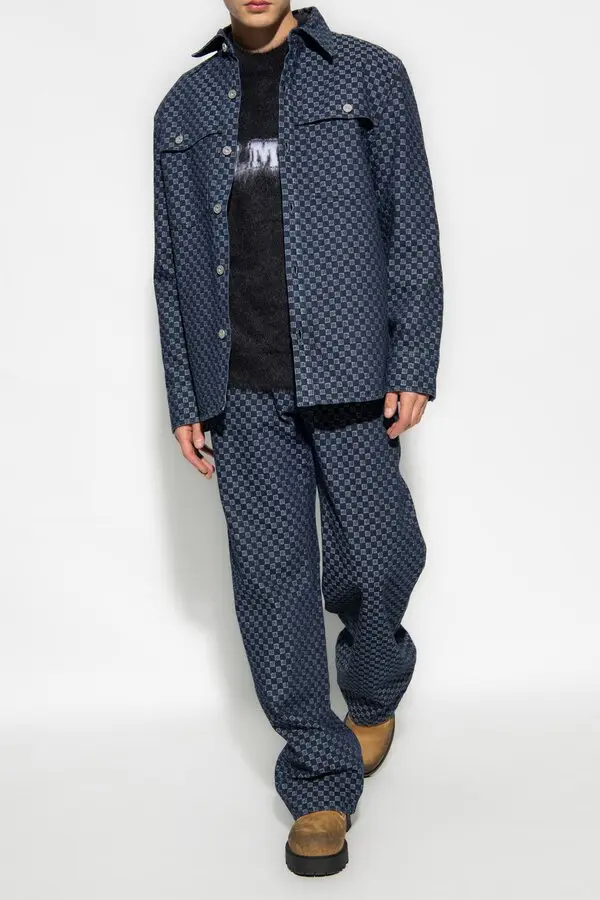 Balmain Monogram Jacquard Curved Hem Denim Shirt