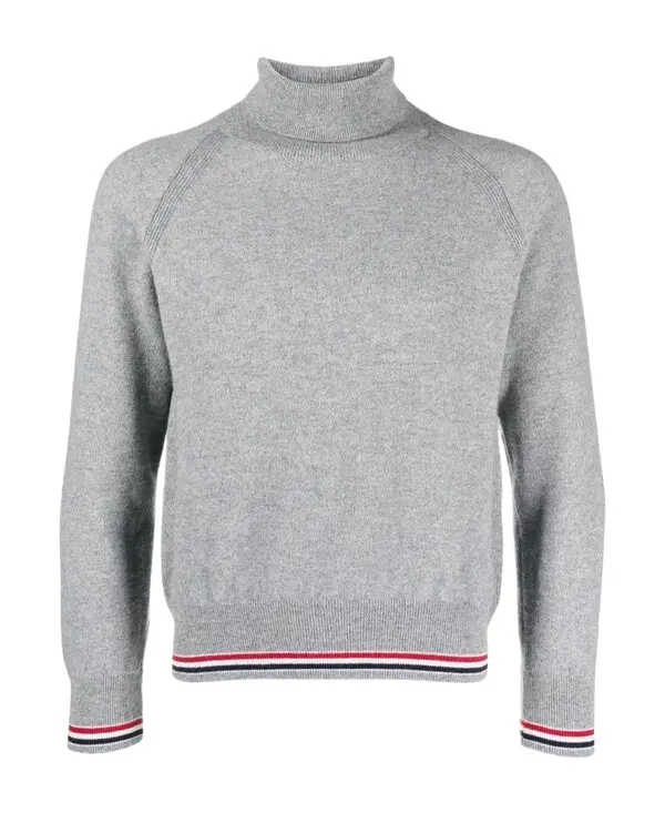 Thom Browne Cashmere Turtle-neck Sweater With Striped Detail - Light Gray