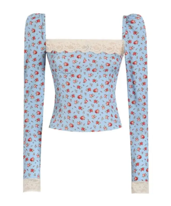 Dolce & Gabbana Floral Print Lace Trim Long Sleeve Top