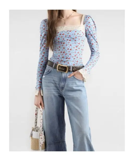 Dolce & Gabbana Floral Print Lace Trim Long Sleeve Top
