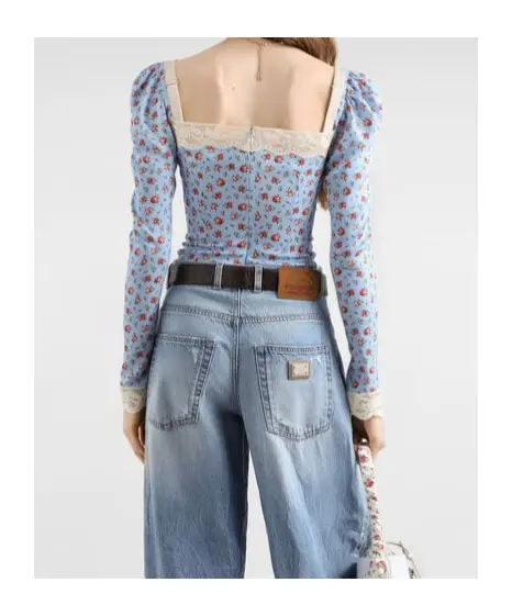 Dolce & Gabbana Floral Print Lace Trim Long Sleeve Top