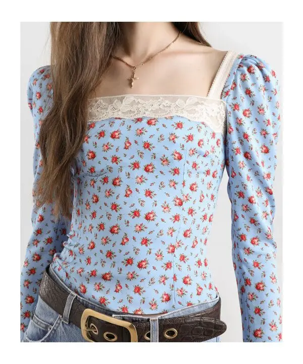 Dolce & Gabbana Floral Print Lace Trim Long Sleeve Top