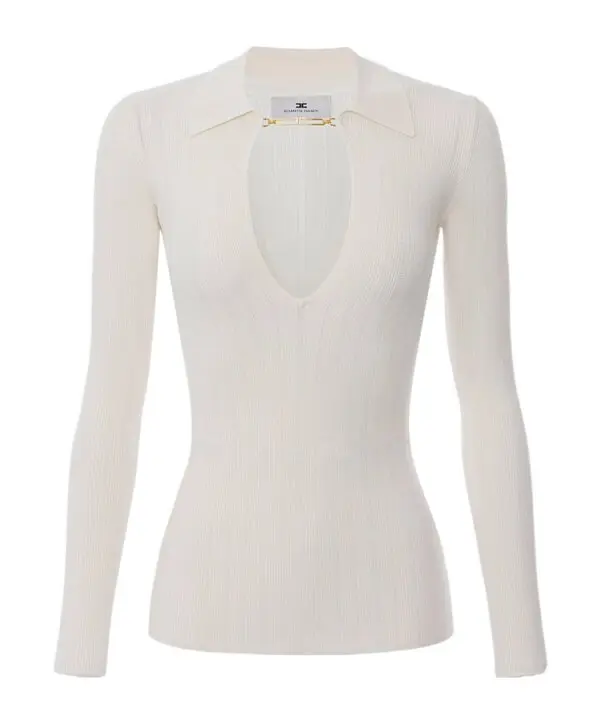 Elisabetta Franchi Ribbed V-neck Top With Jewel Embellishment - Milk
